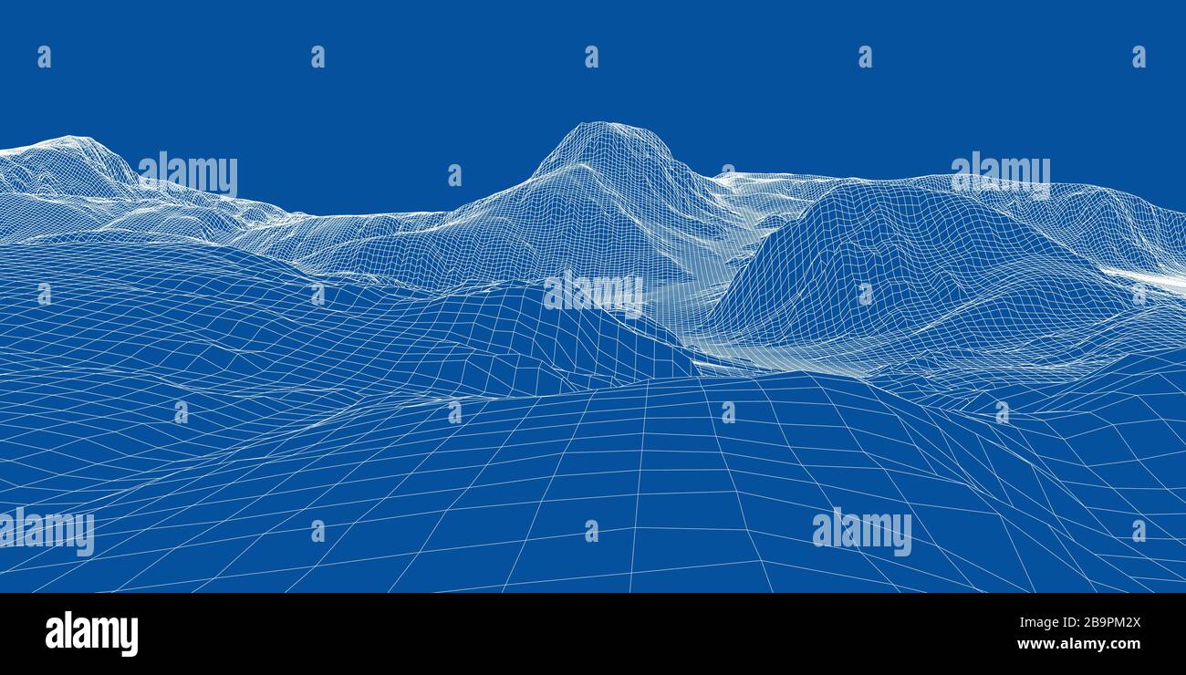 Abstract 3d wire-frame landscape. Blueprint style. Vector rendering ...