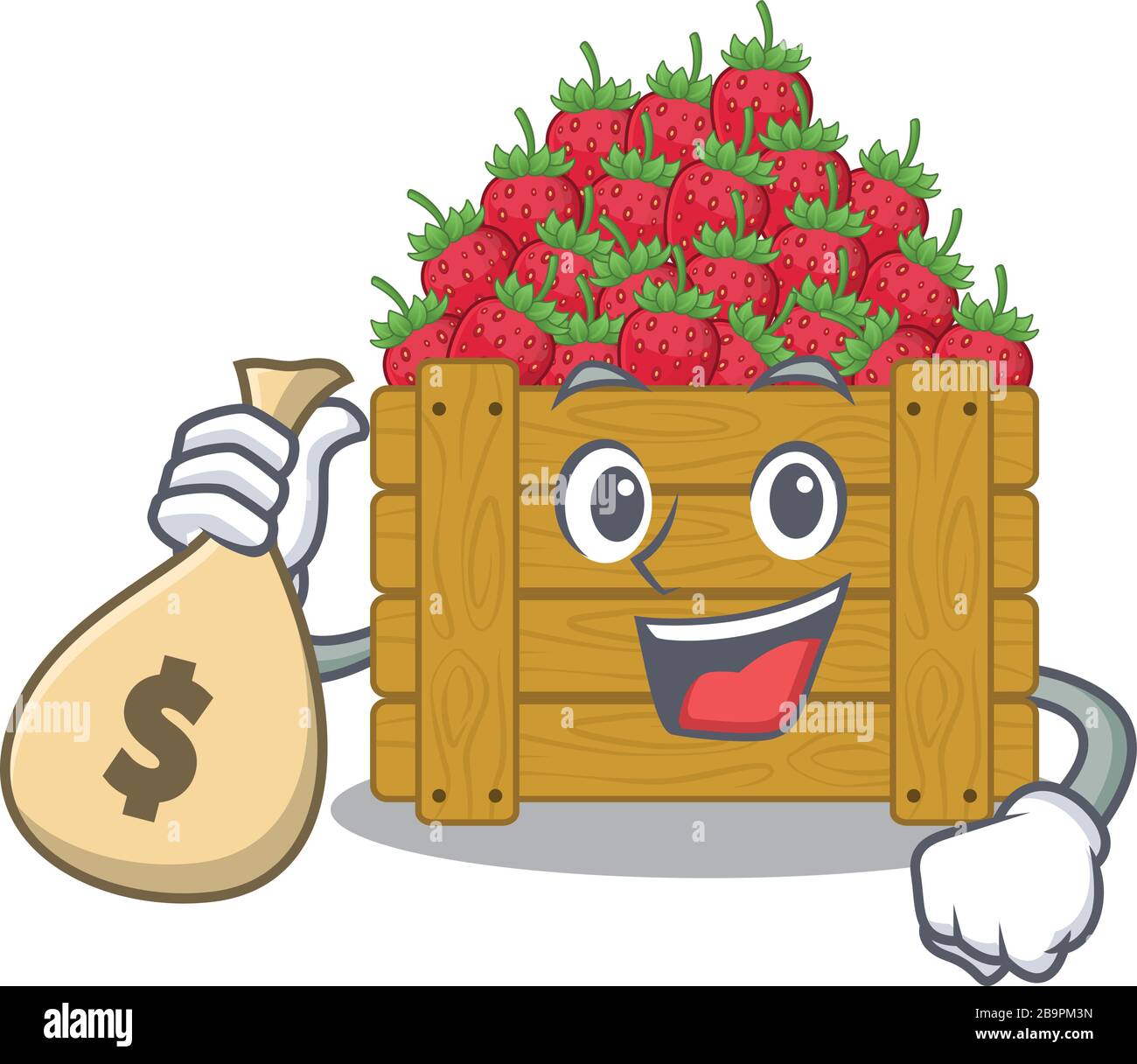 Smiley rich strawberry fruit box cartoon character bring money bags ...