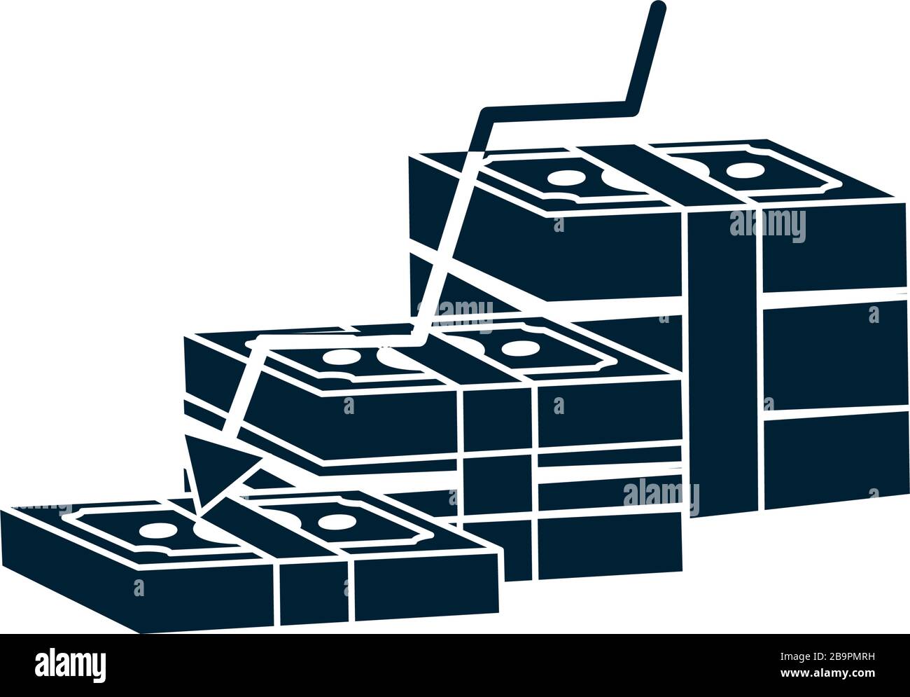 wad of money bills with decrease financial arrow icon over white ...