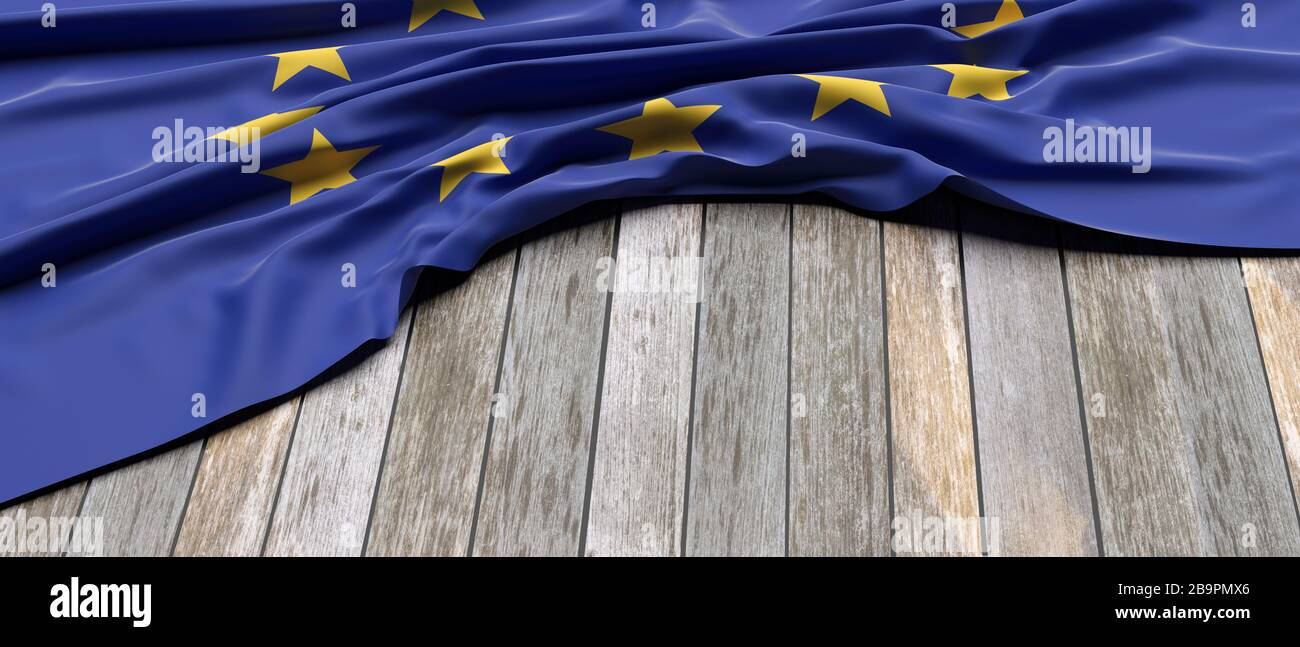 EU flag. Europe sign symbol placed on wooden table background. European ...