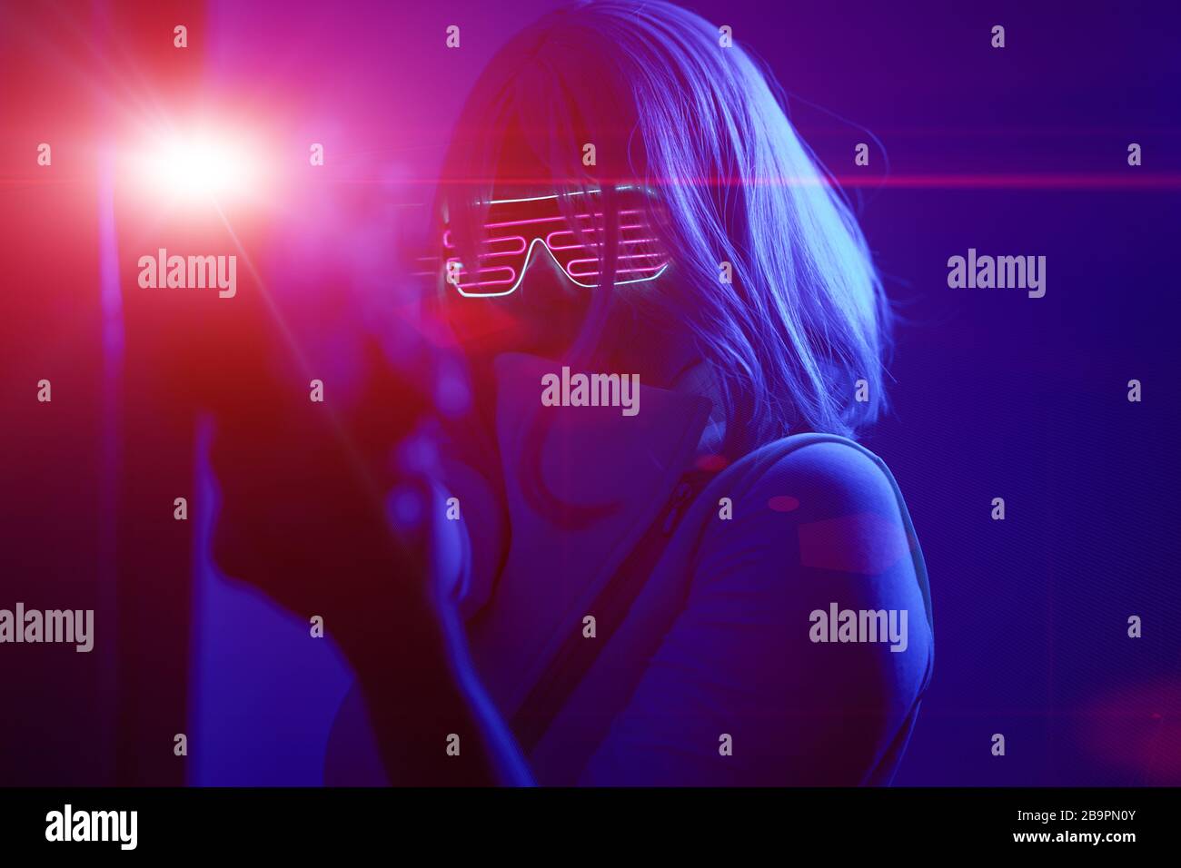 Girl with blaster in the futuristic battle. Concept virtual reality ...