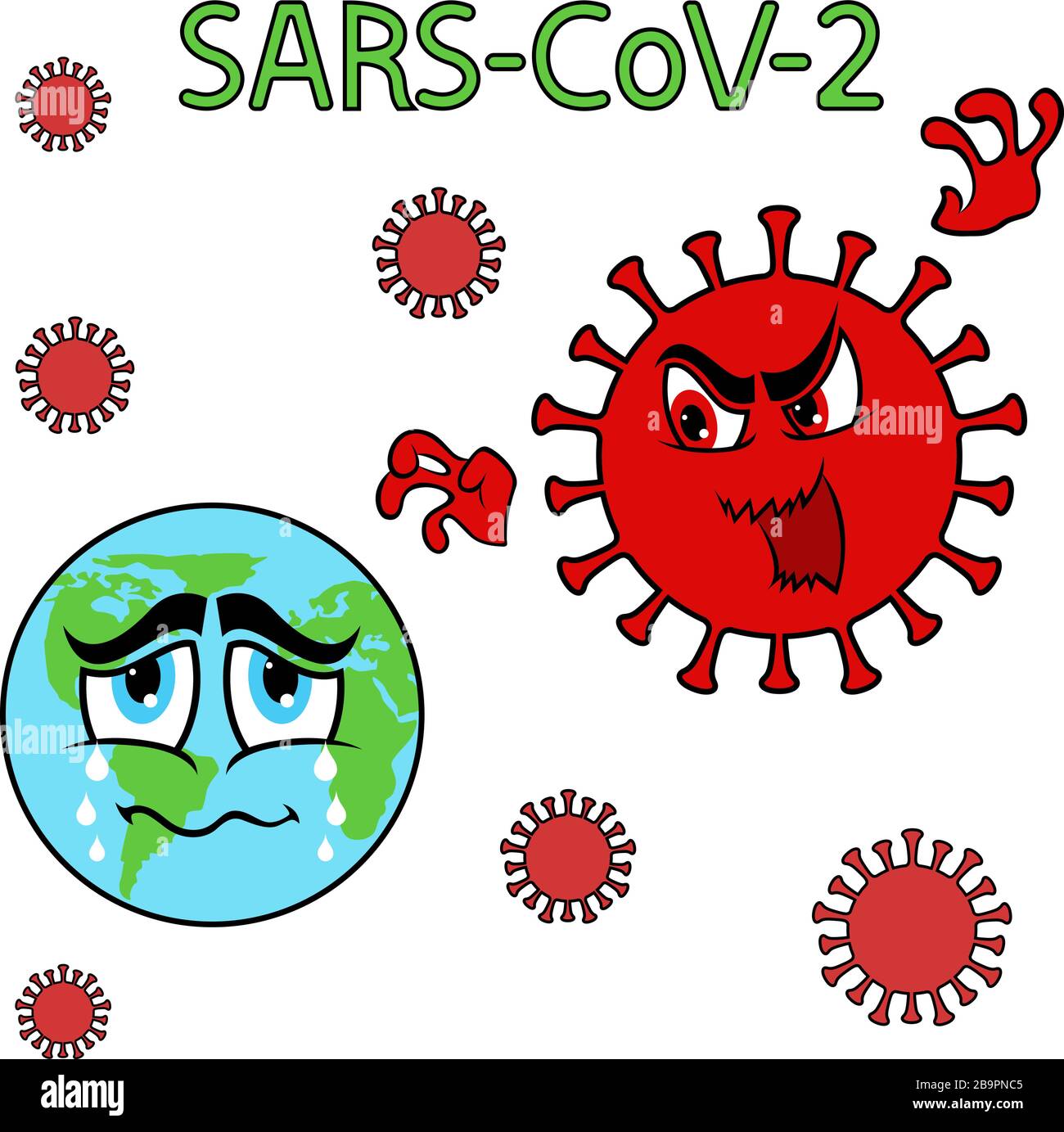 Abstract cartoon structure of coronavirus attack on globe, "stop ...