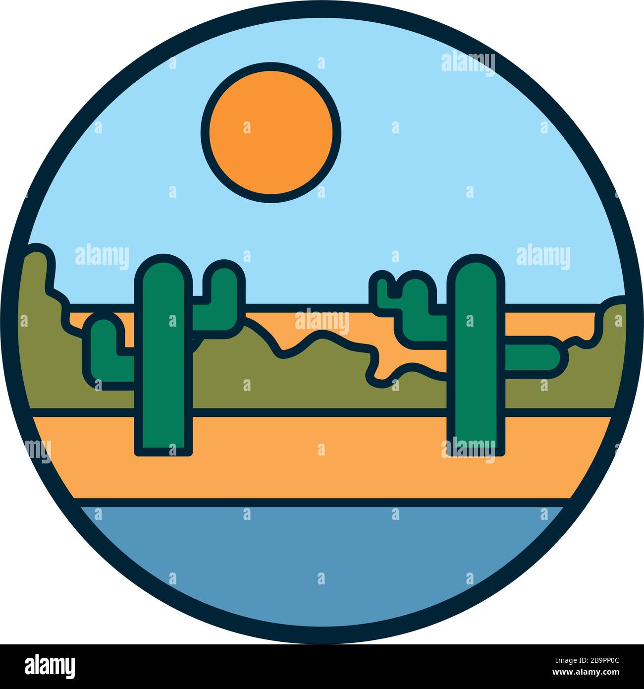 Sun and cactus line and fill style icon design, Landscape nature earth ...