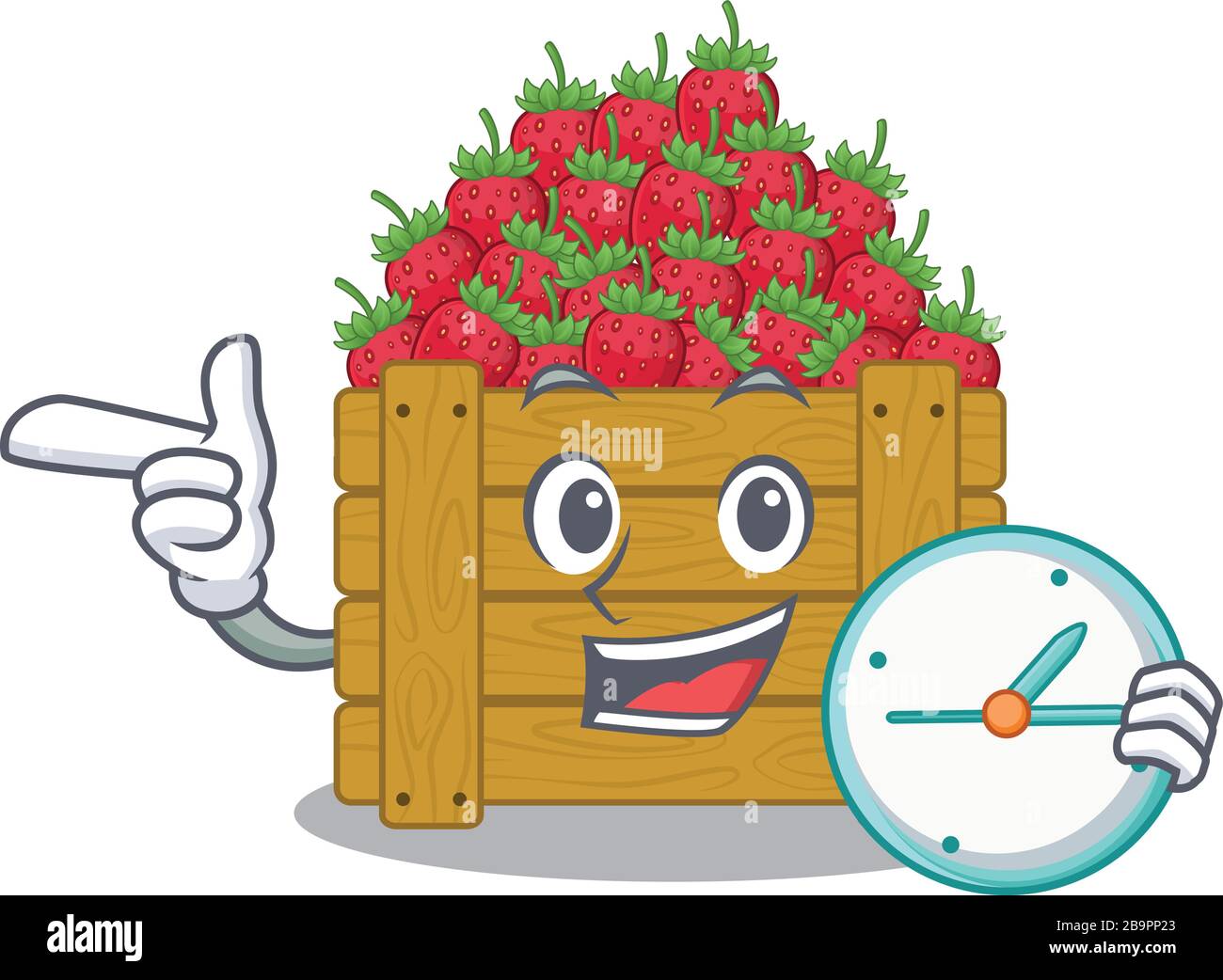 Cheerful strawberry fruit box cartoon character style with clock Stock ...