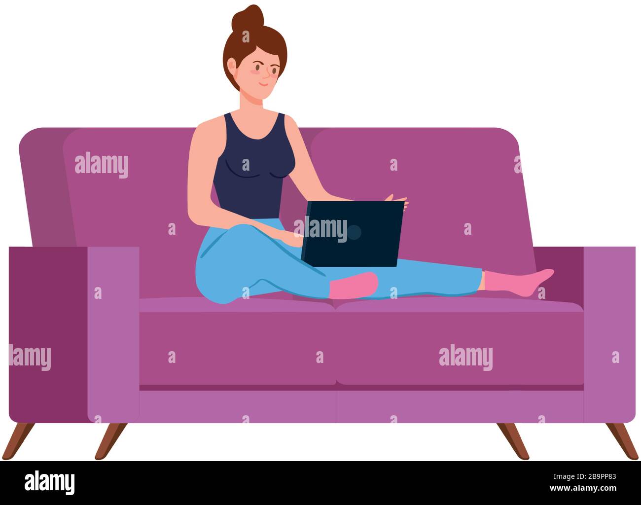 woman working in telecommuting with laptop in couch Stock Vector Image ...