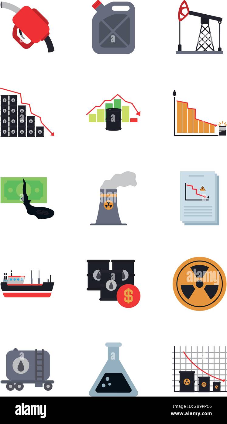 oil barrels and oil crash concept icon set over white background, flat ...