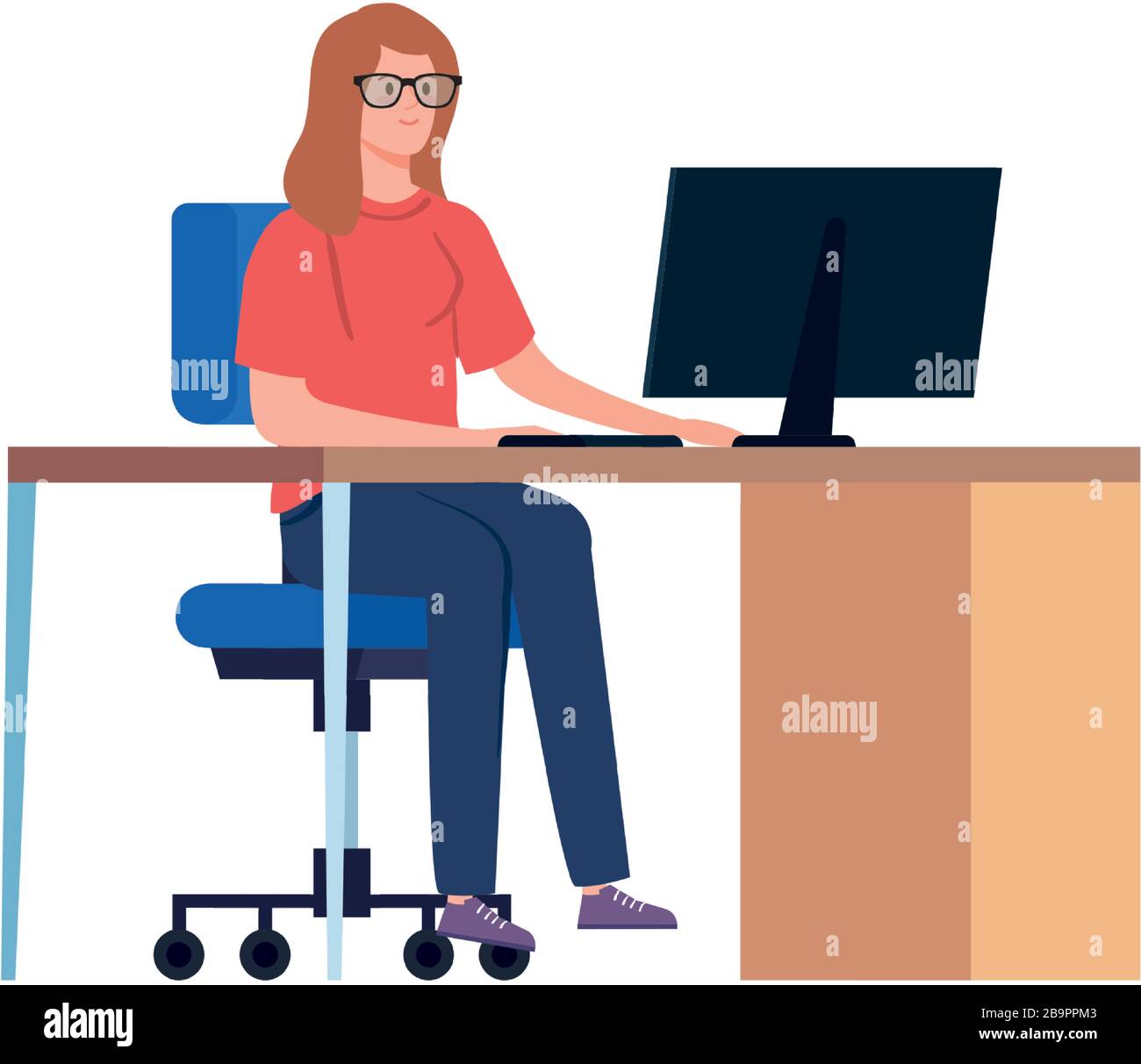 woman working telecommuting with computer in desk Stock Vector Image ...