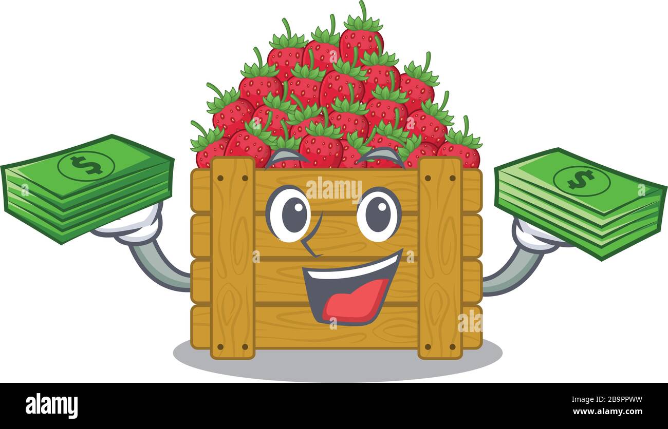 happy face strawberry fruit box character having money on hands Stock ...