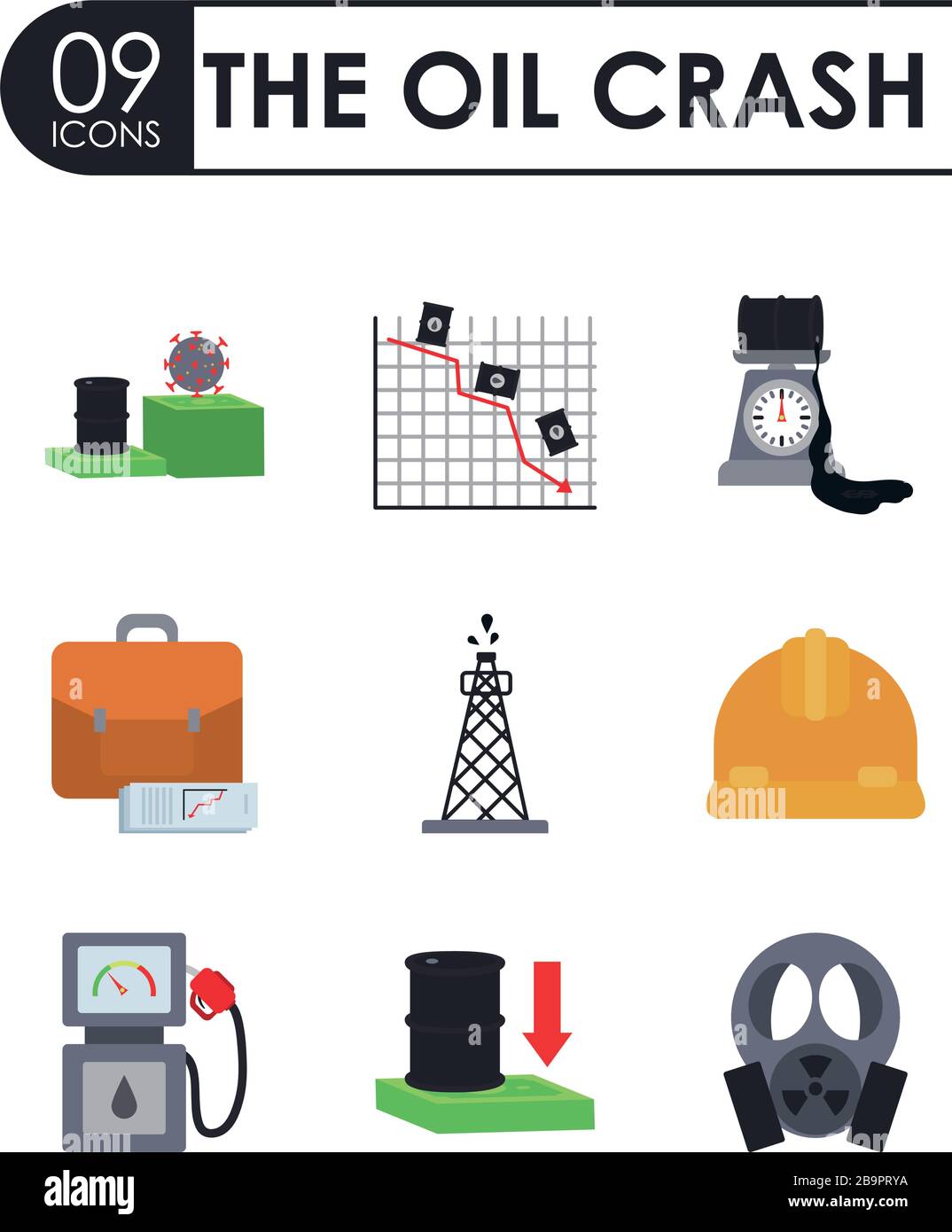 business portfolio and the oil crash concept of icon set over white ...