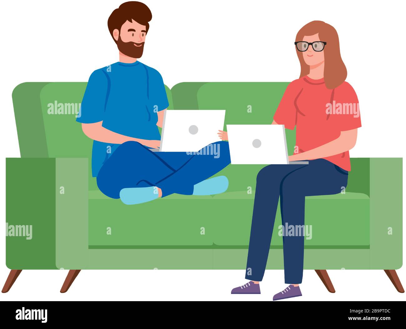 couple working in telecommuting with laptop in couch Stock Vector Image ...