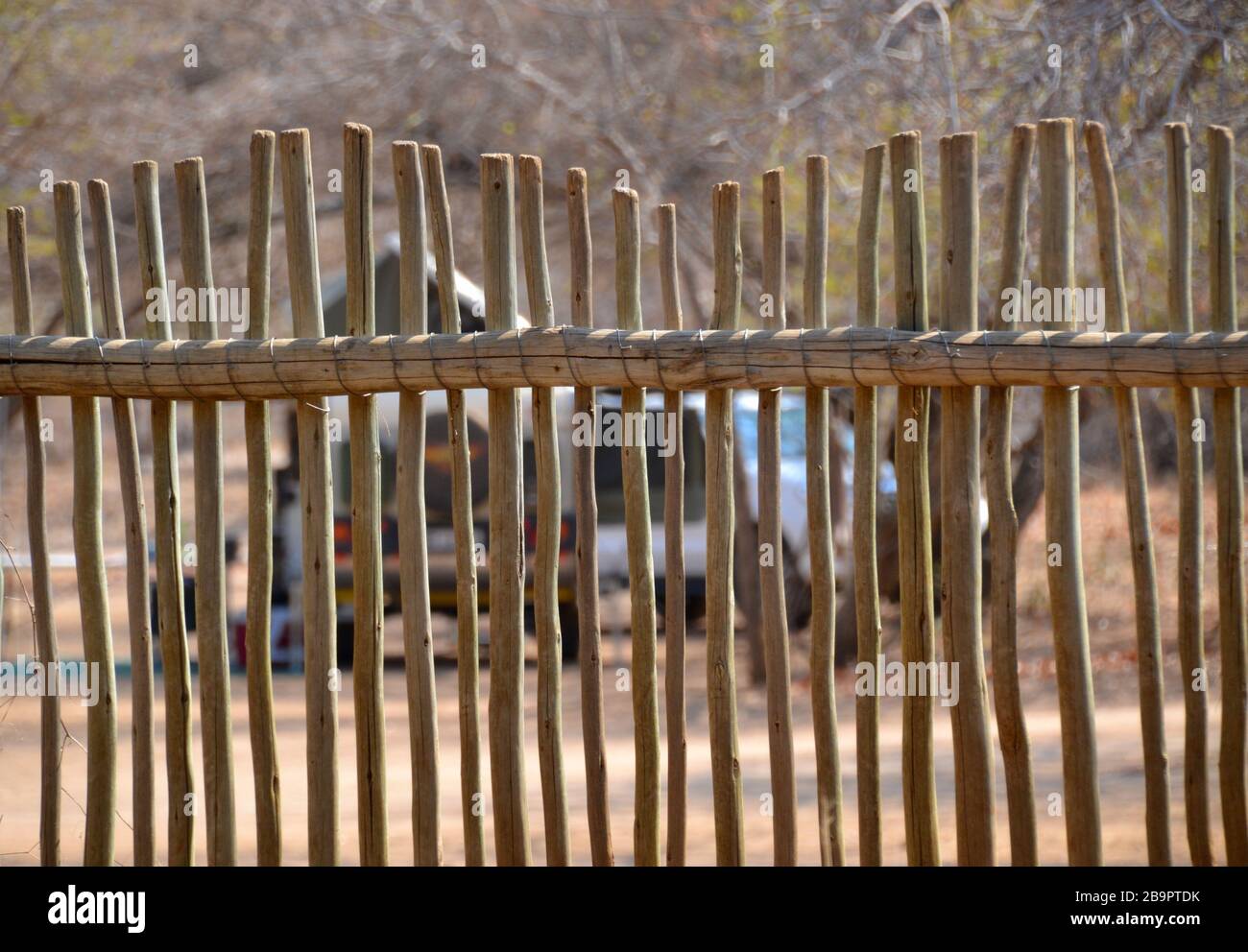 Uneven wooden game reserve fence at a camp site in Kruger National Park ...