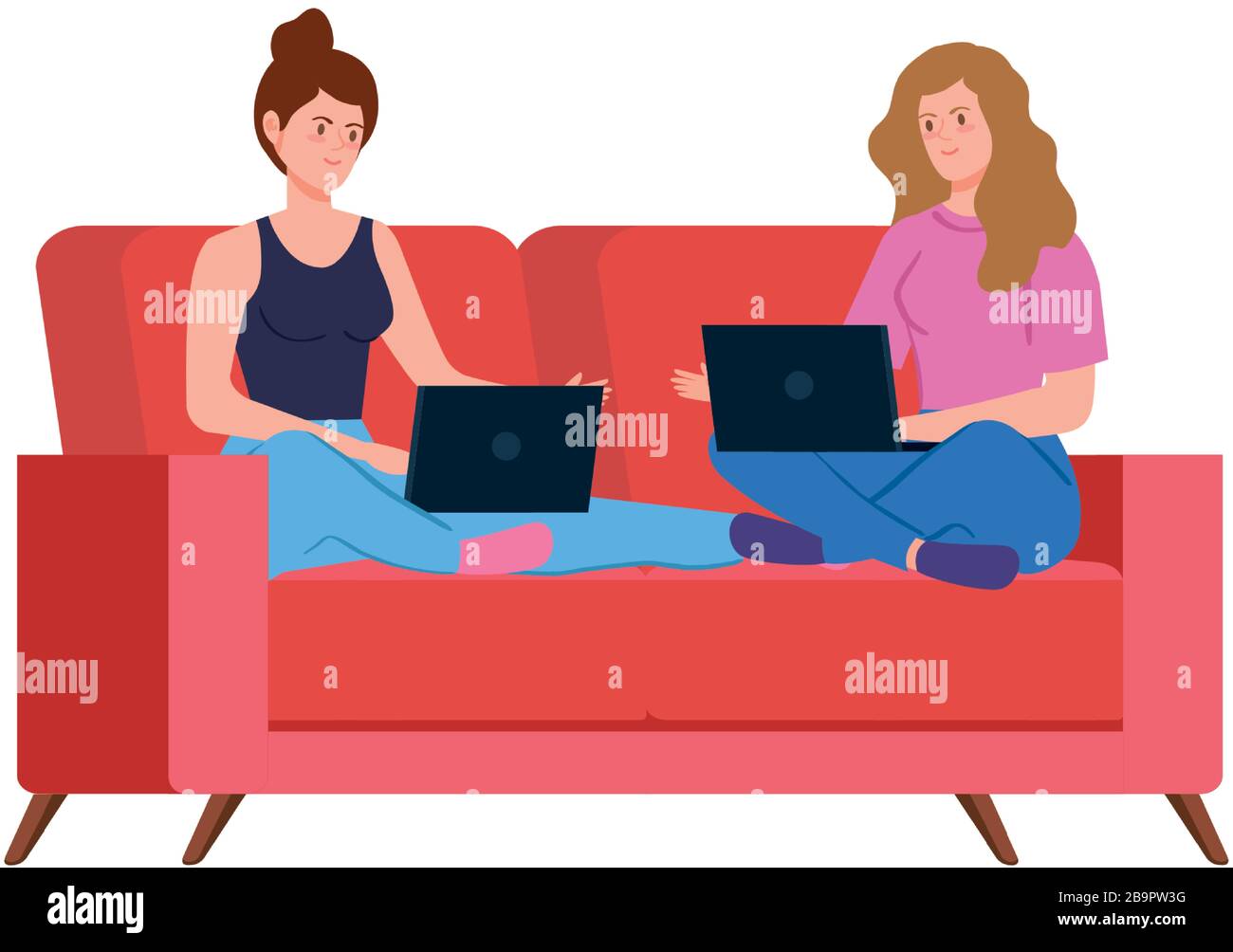 women working in telecommuting with laptop in couch Stock Vector Image ...