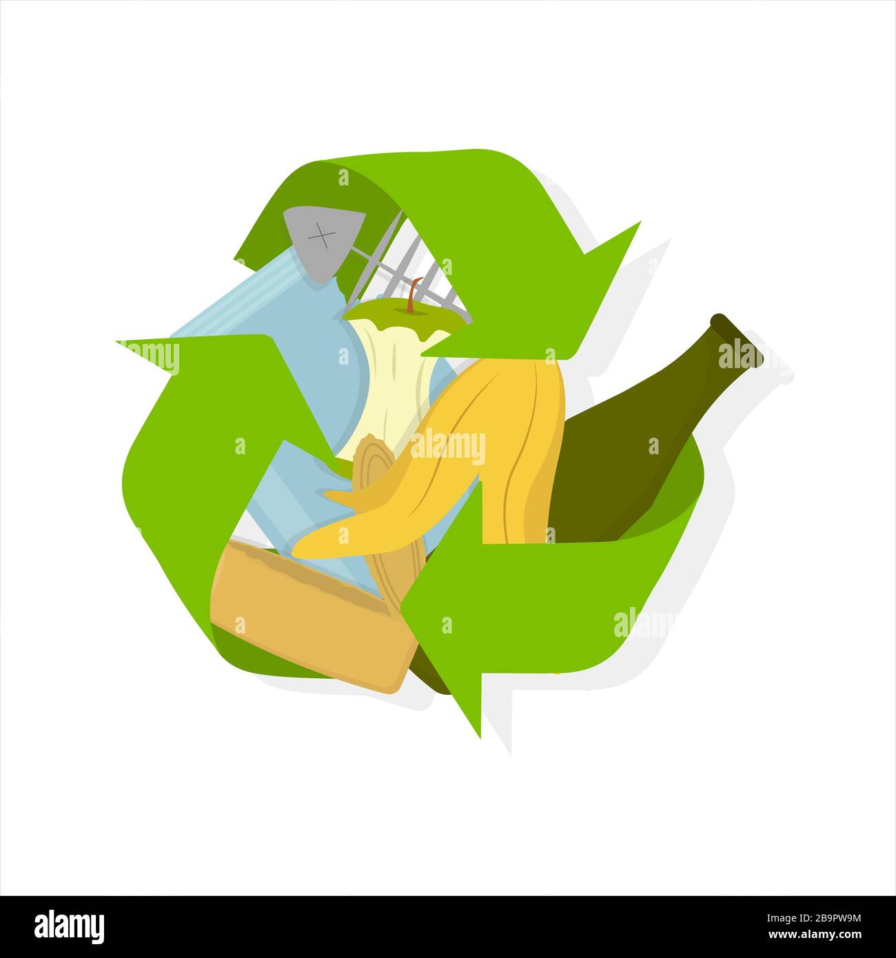 Waste recycling symbol and various kinds of trash on white background ...