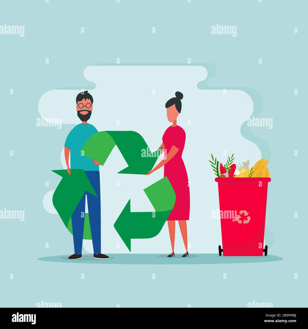 Waste treatment. Man and woman holding recycling symbol near trashcan ...