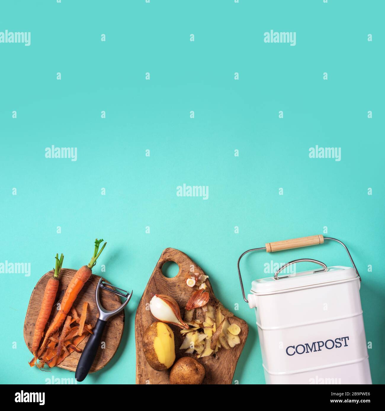 Top view of kitchen food waste collected in recycling compost pot ...