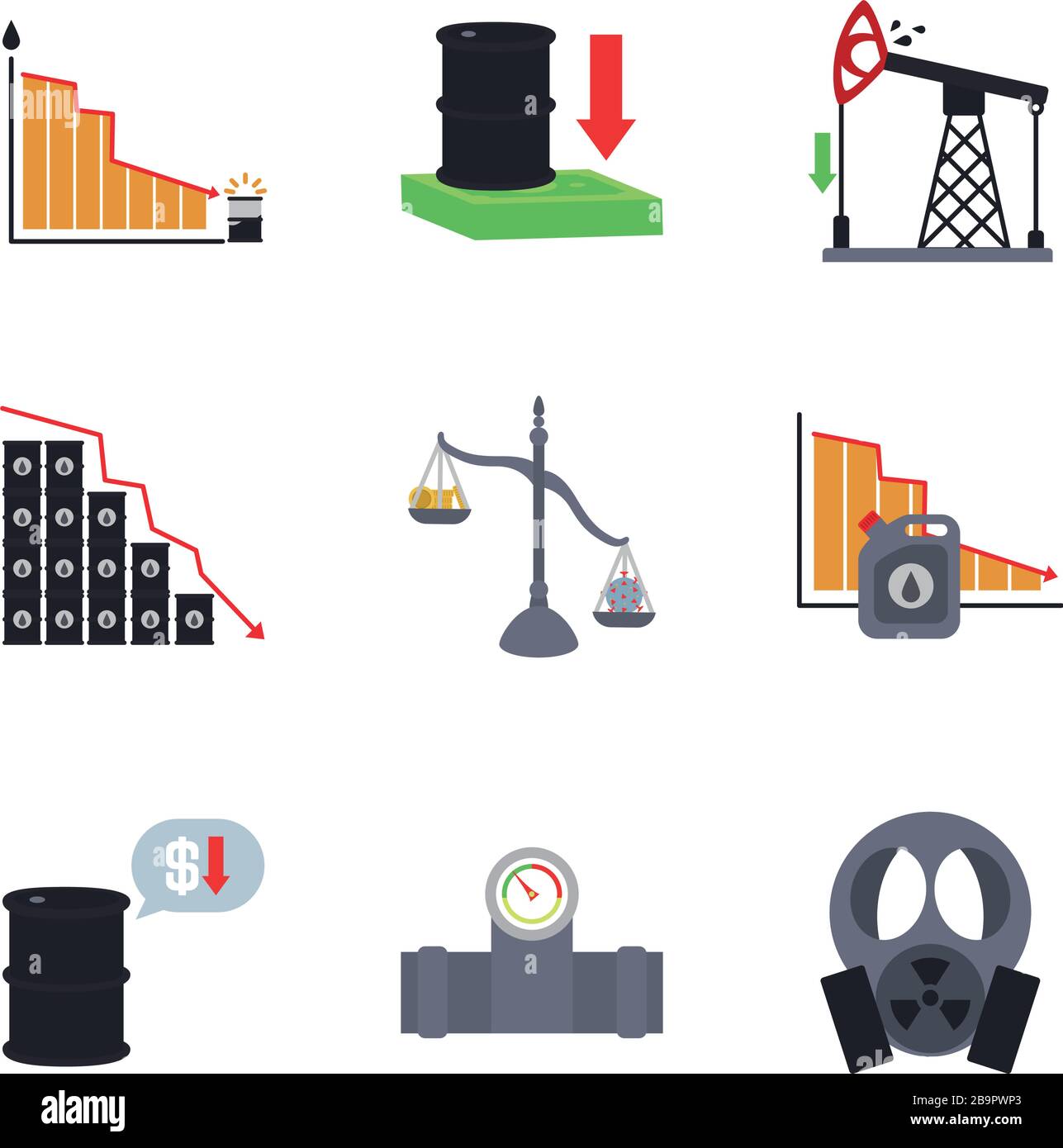graphic charts and oil crash concept icon set over white background ...