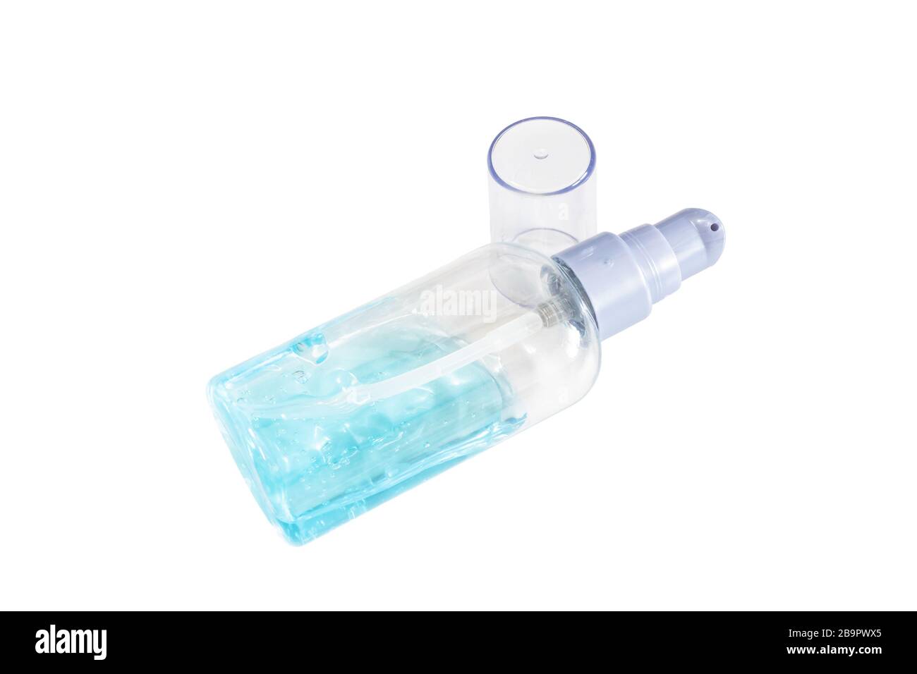 The close up of alcohol gel in small transparent plastic bottle on ...