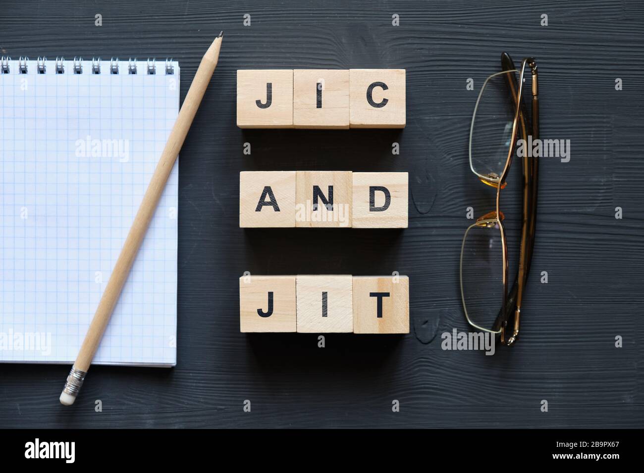 Modern business buzzword - jic and jit. Top view on glasses and notepad ...