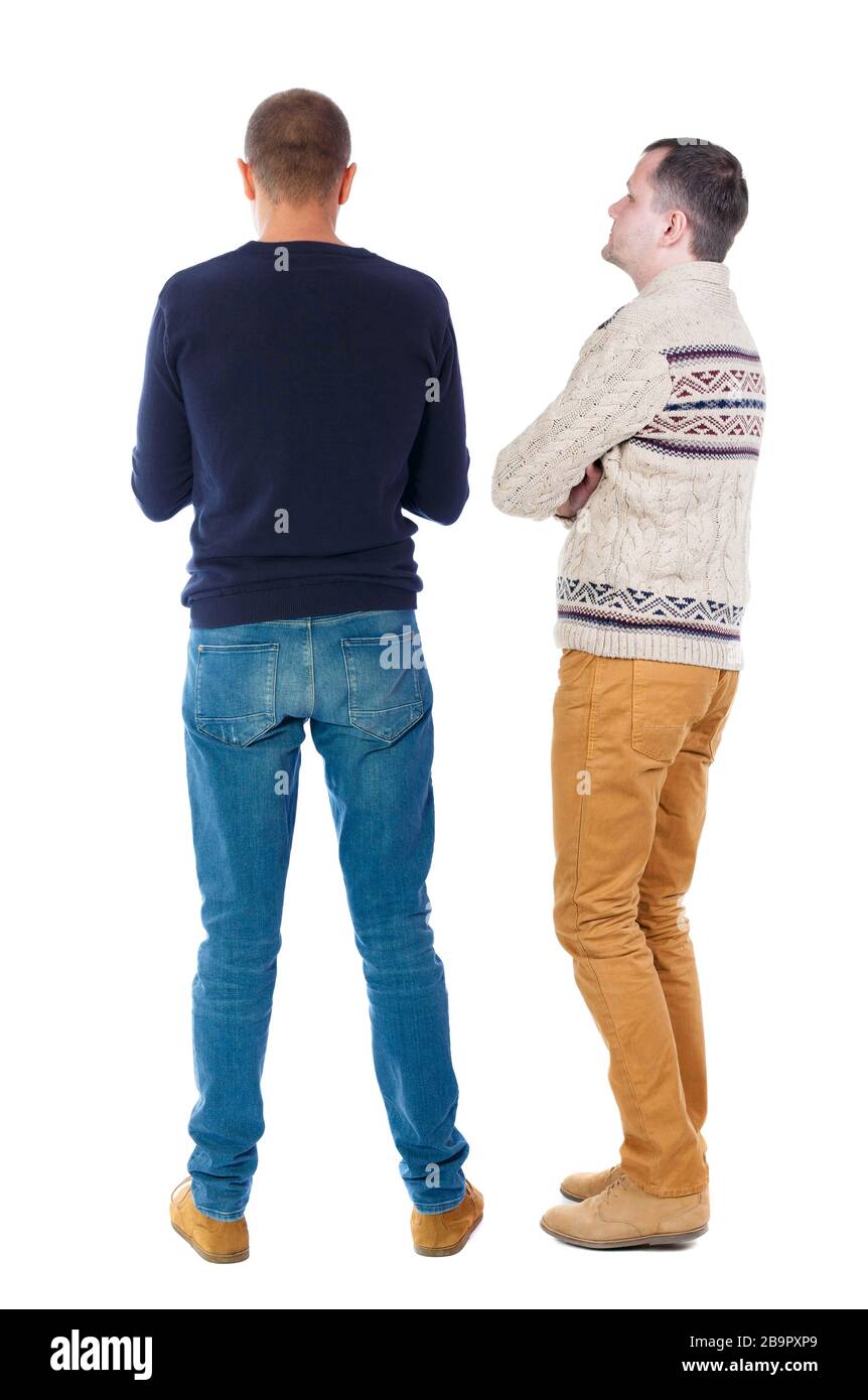 Back view two man in sweater. Rear view people collection. backside ...