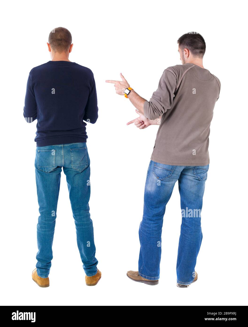 Back view of two man in sweater pointing. Rear view people collection ...
