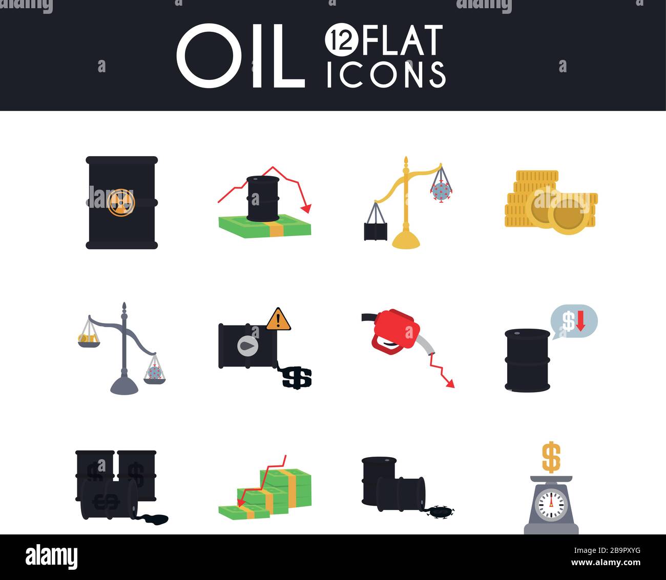 barrels and oil crash concept icon set over white background, flat ...