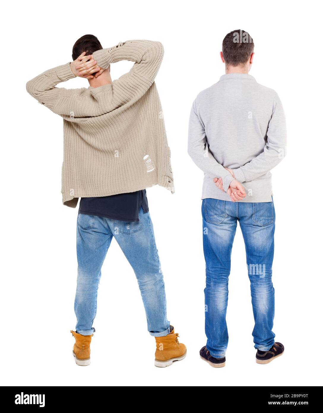 Back view two man in sweater. Rear view people collection. backside ...