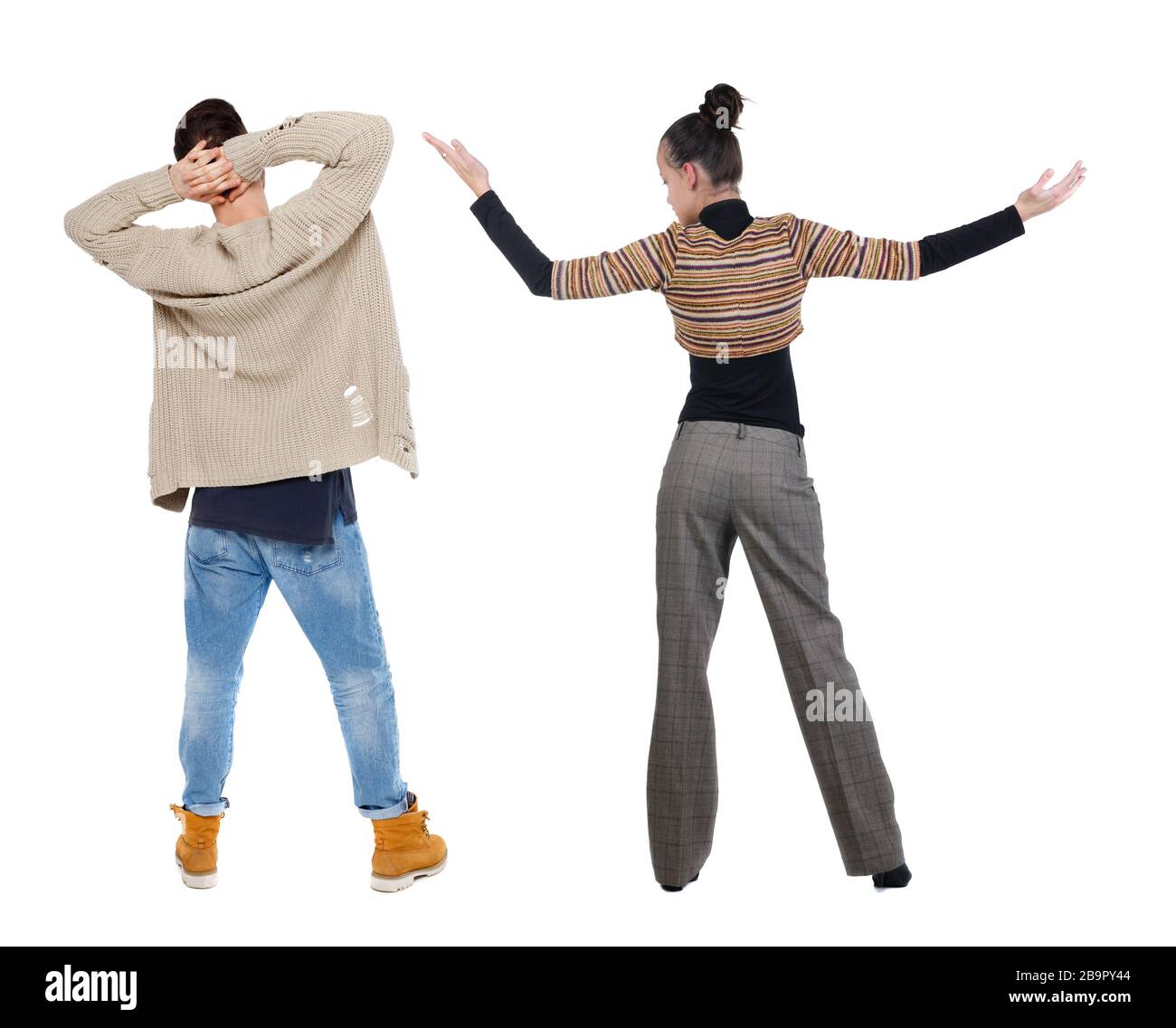 Back view couple in sweater. beautiful man and woman. Rear view people ...