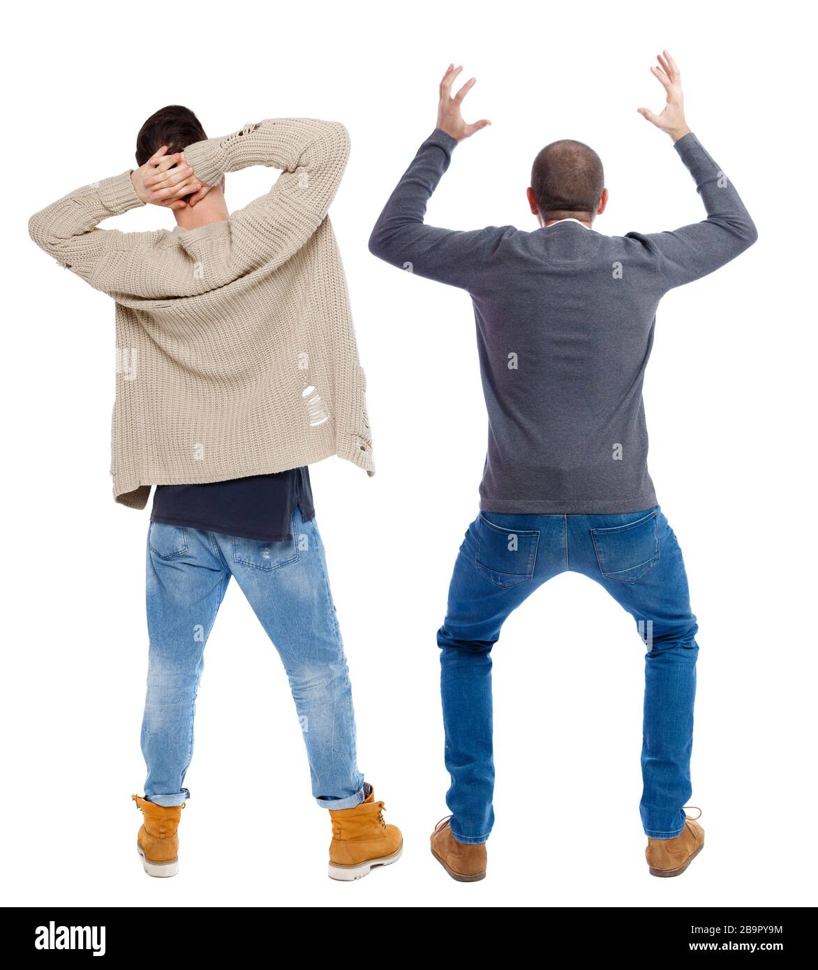 Back view two man in sweater. Rear view people collection. backside ...
