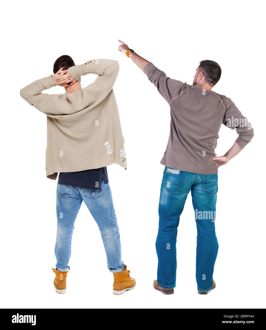 Back view of two man in sweater pointing. Rear view people collection ...