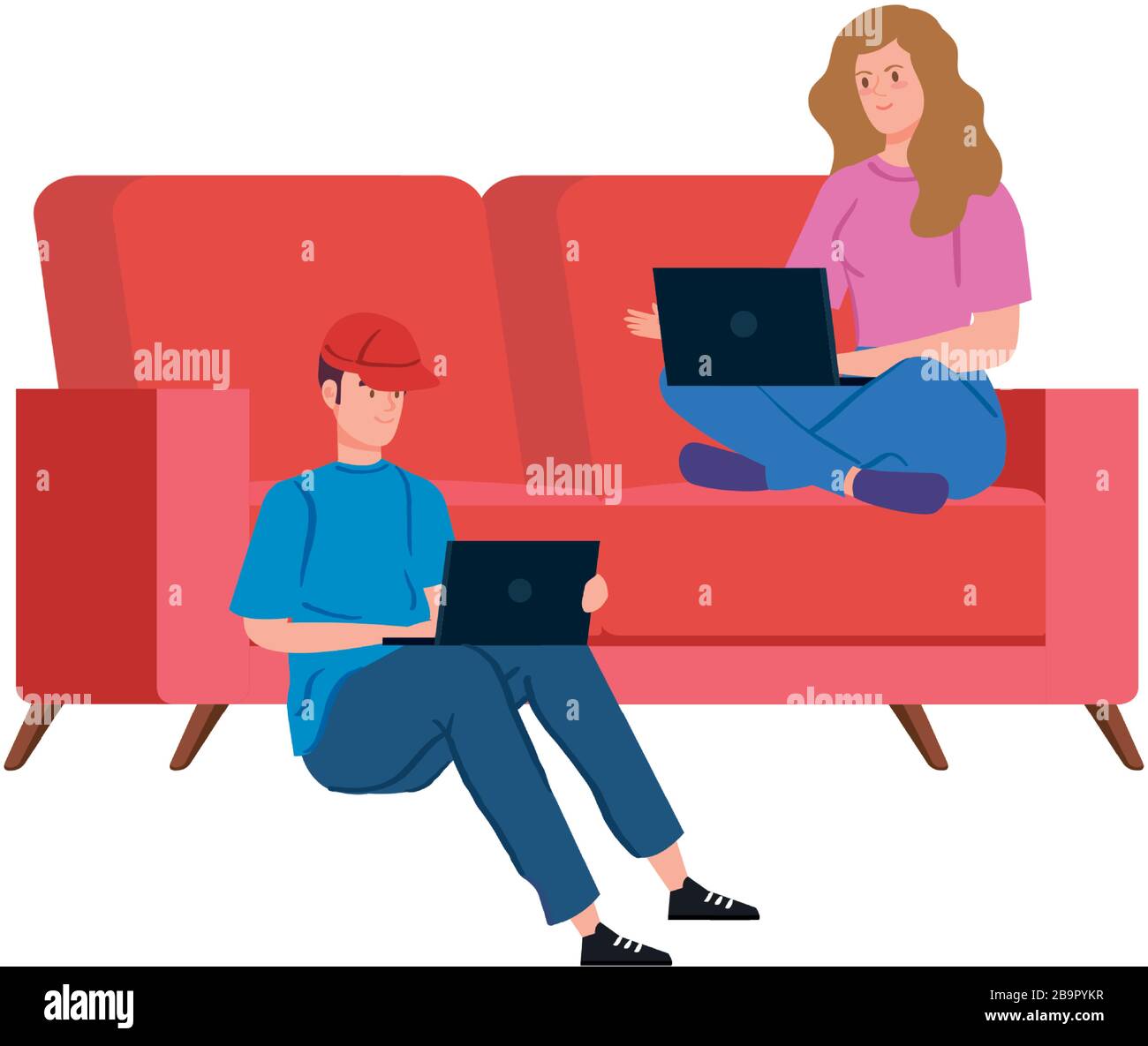 couple working in telecommuting with laptop in couch Stock Vector Image ...