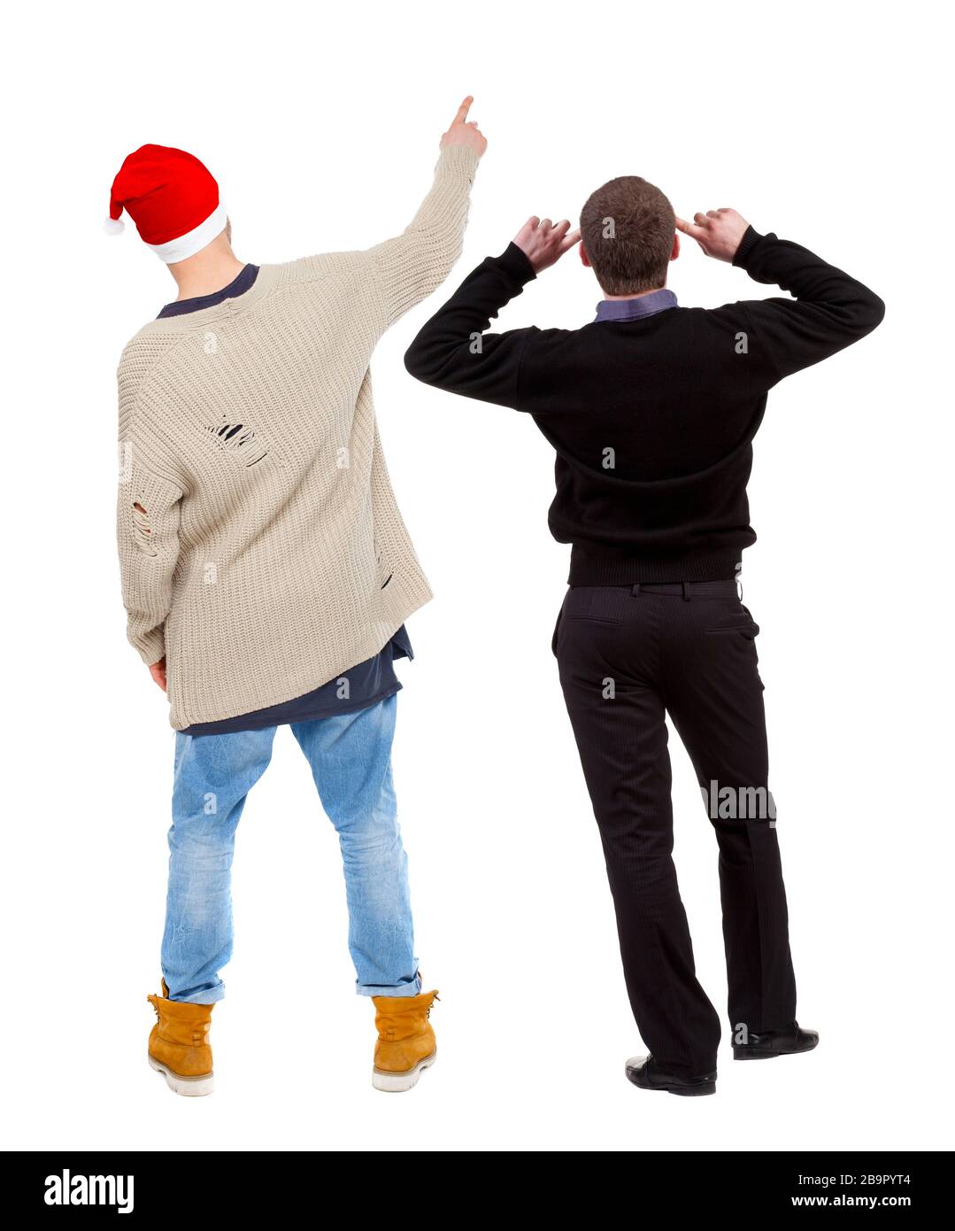 Back view of two man in sweater pointing. Rear view people collection ...