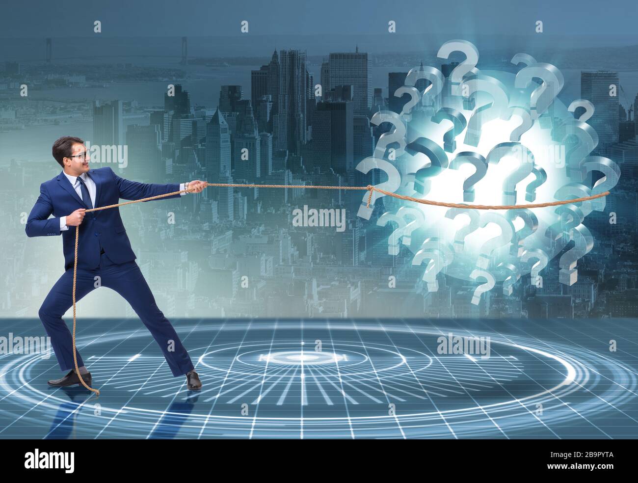 The businessman pulling question marks in uncertainty concept Stock ...