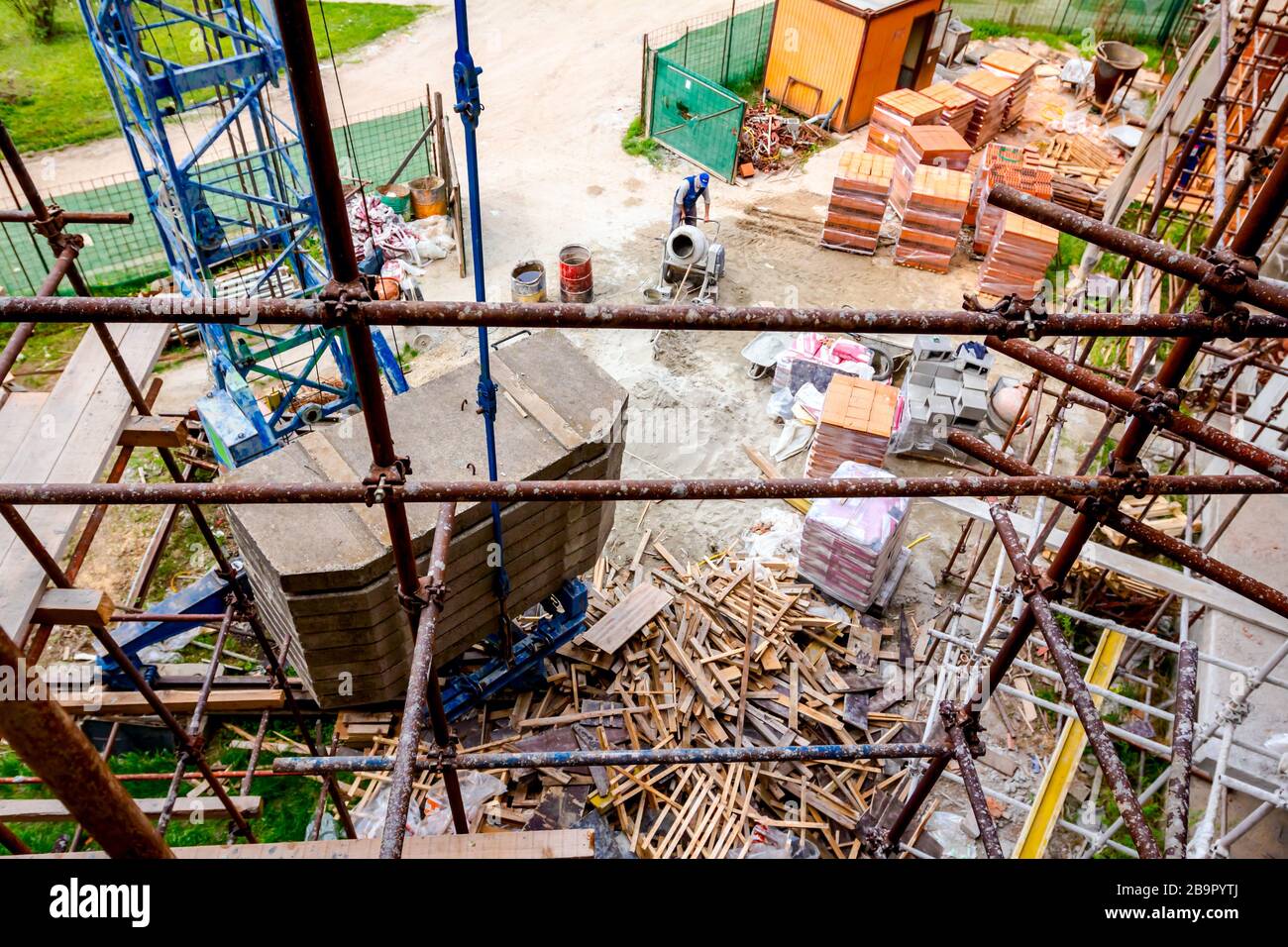 Above view at counterweights made of concrete slabs on the crane bottom ...
