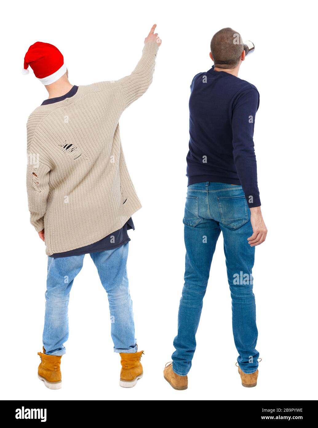 Back view of two man in sweater pointing. Rear view people collection ...