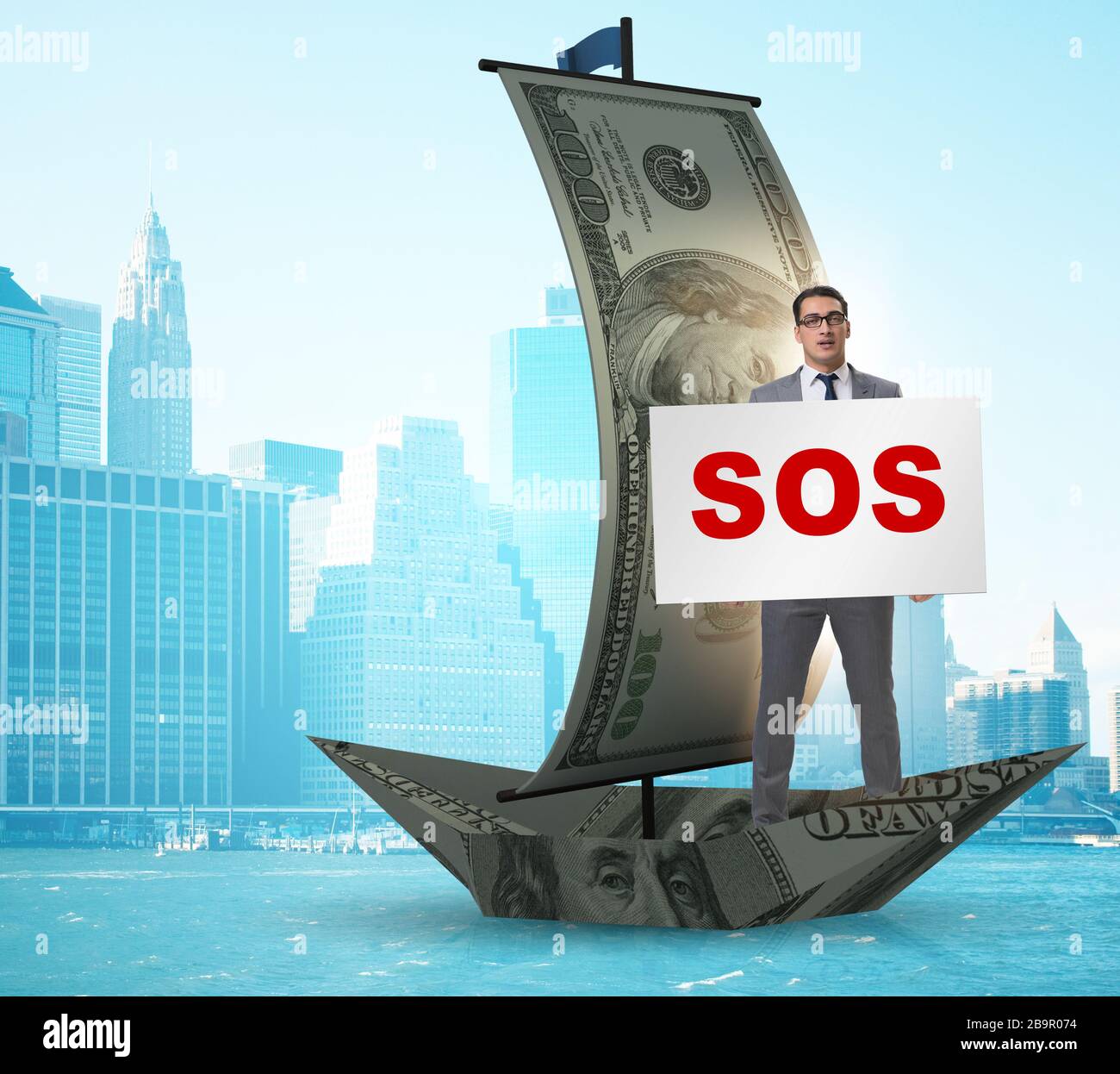 The businessman asking for help with sos message on boat Stock Photo ...