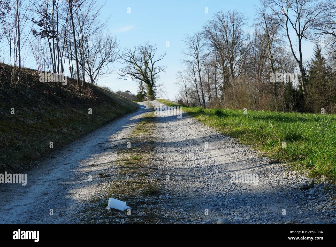 Used paper tissue disposed on a walking path in the countryside ...