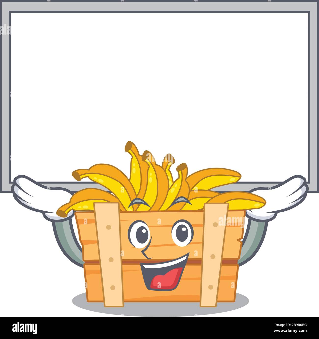 Happy cartoon character of banana fruit box raised up board Stock ...