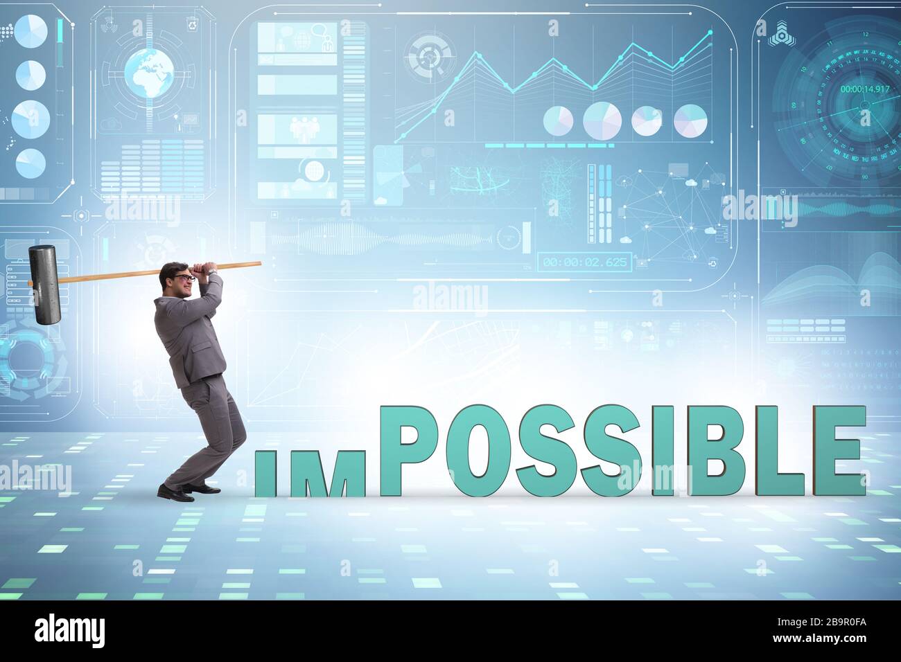 The businessman hitting the word impossible with hammer Stock Photo - Alamy