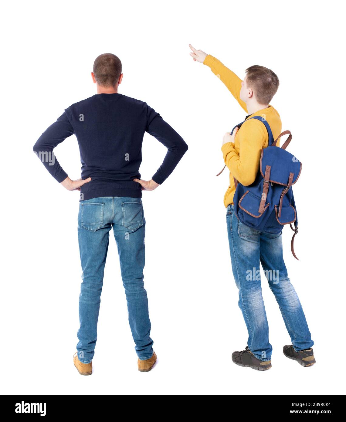 Back view of two man in sweater pointing. Rear view people collection ...