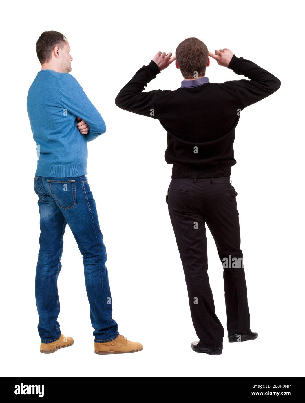 Back view two man in sweater. Rear view people collection. backside ...
