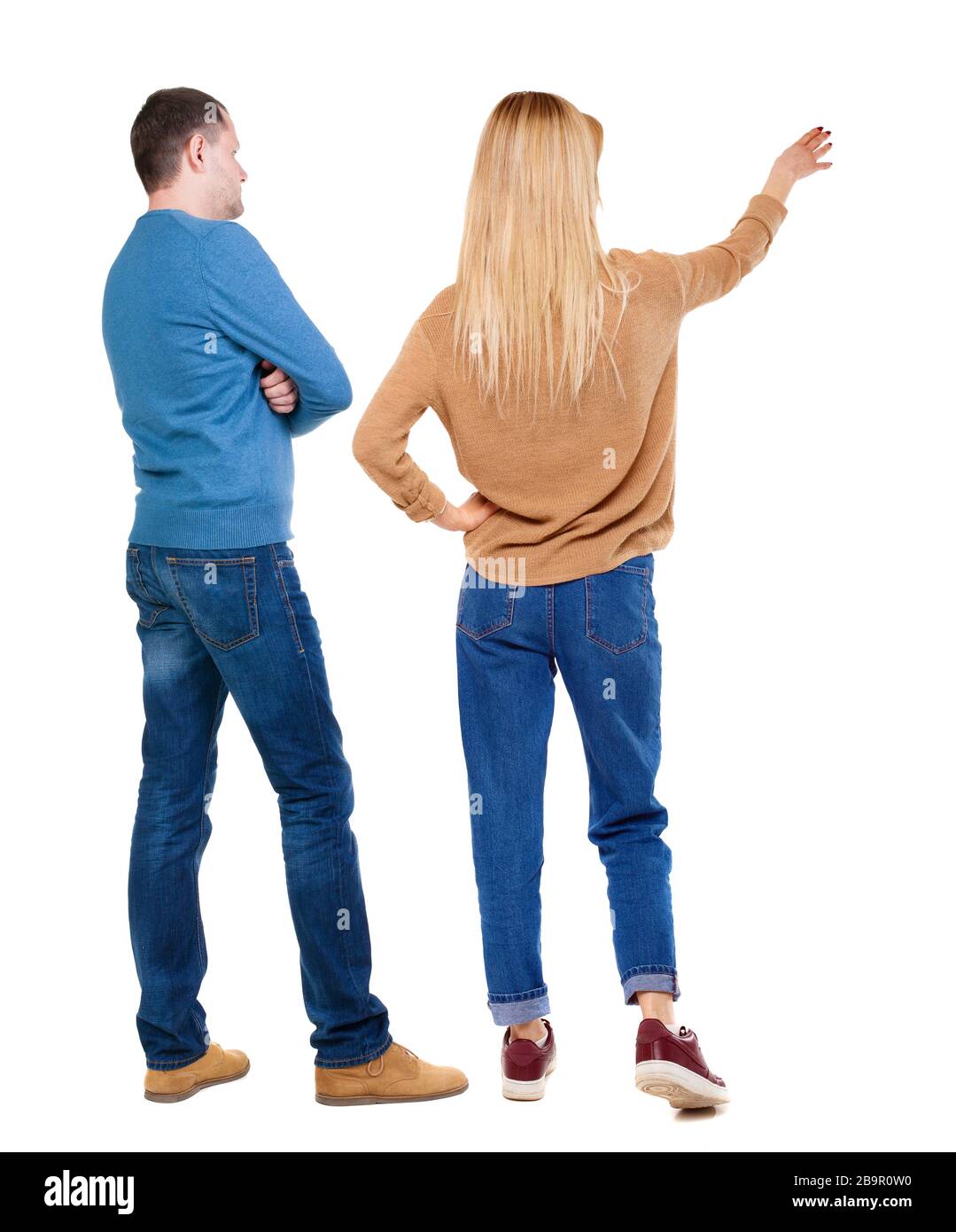 Back view couple in sweater. beautiful man and woman. Rear view people ...