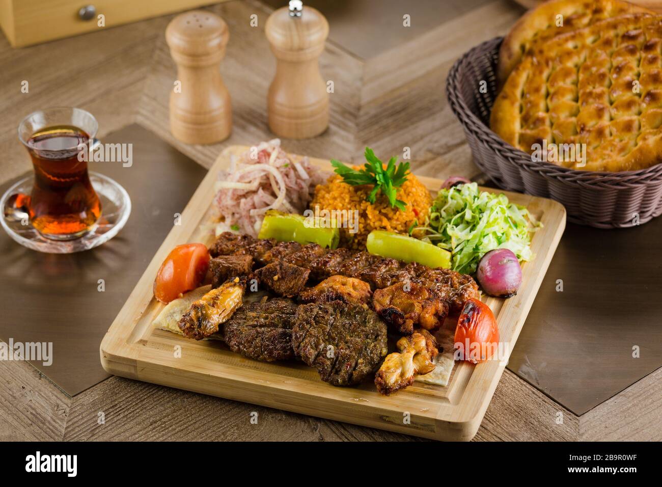 Full view of Persian Mix Kebab of minced meat and chicken With Rice and ...