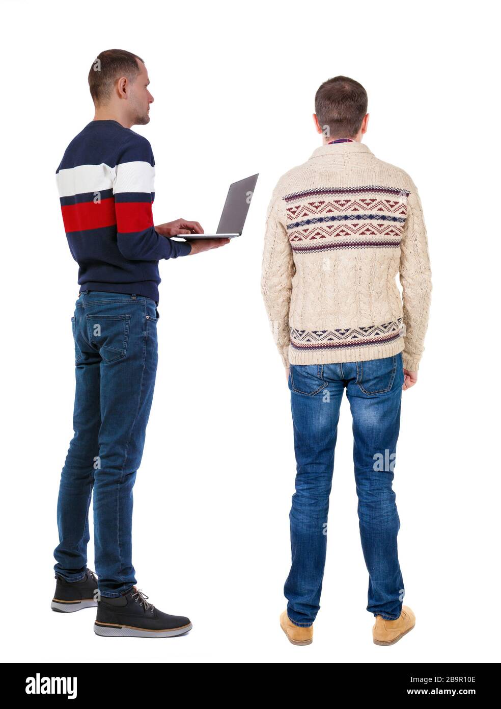 Back view two man in sweater with laptop. Rear view people collection ...