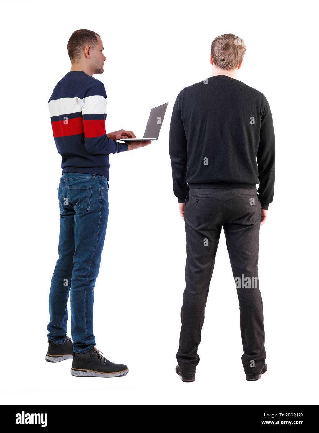 Back view two man in sweater with laptop. Rear view people collection ...