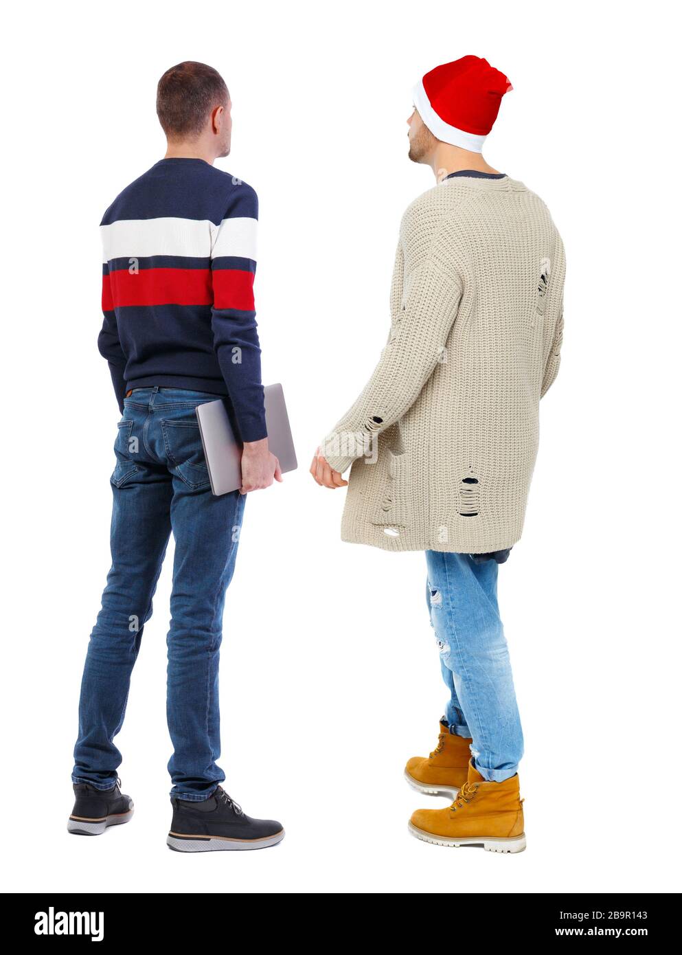 Back view two man in sweater with laptop. Rear view people collection ...