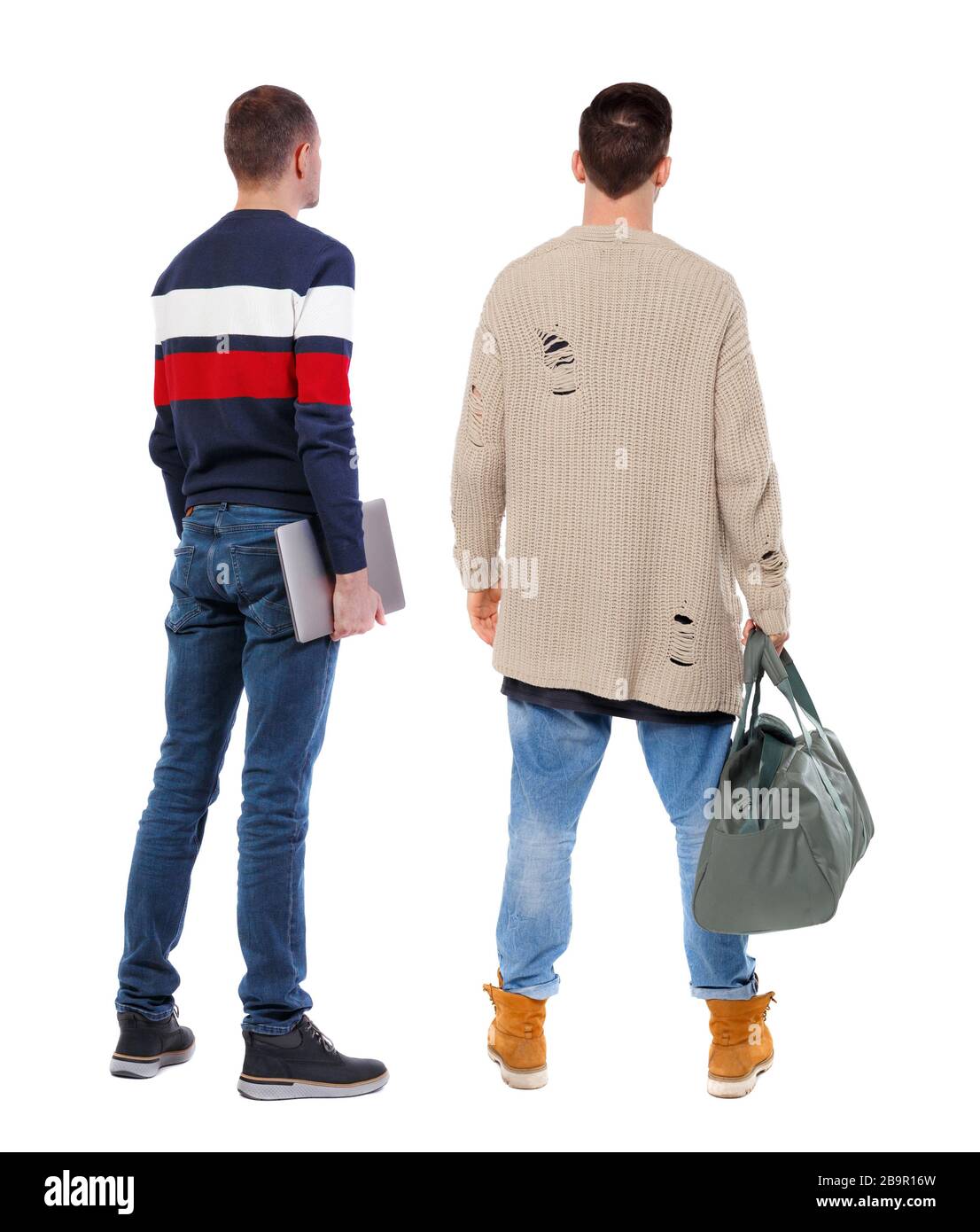 Back view two man in sweater with laptop. Rear view people collection ...