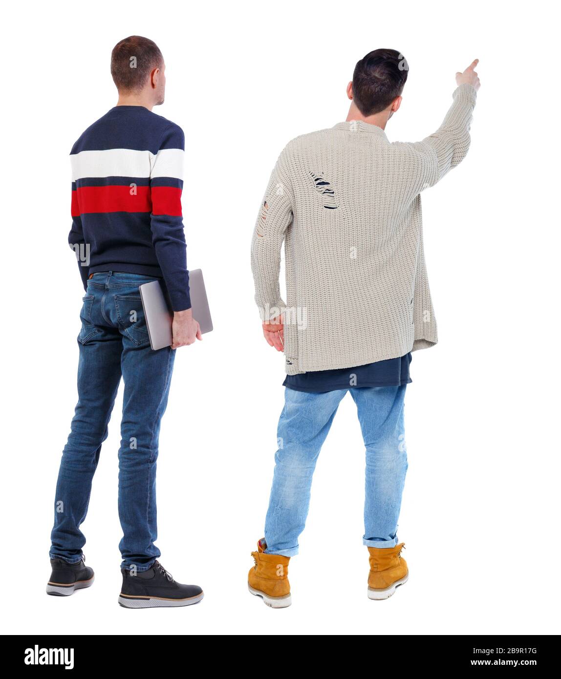 Back view two man in sweater with laptop. Rear view people collection ...