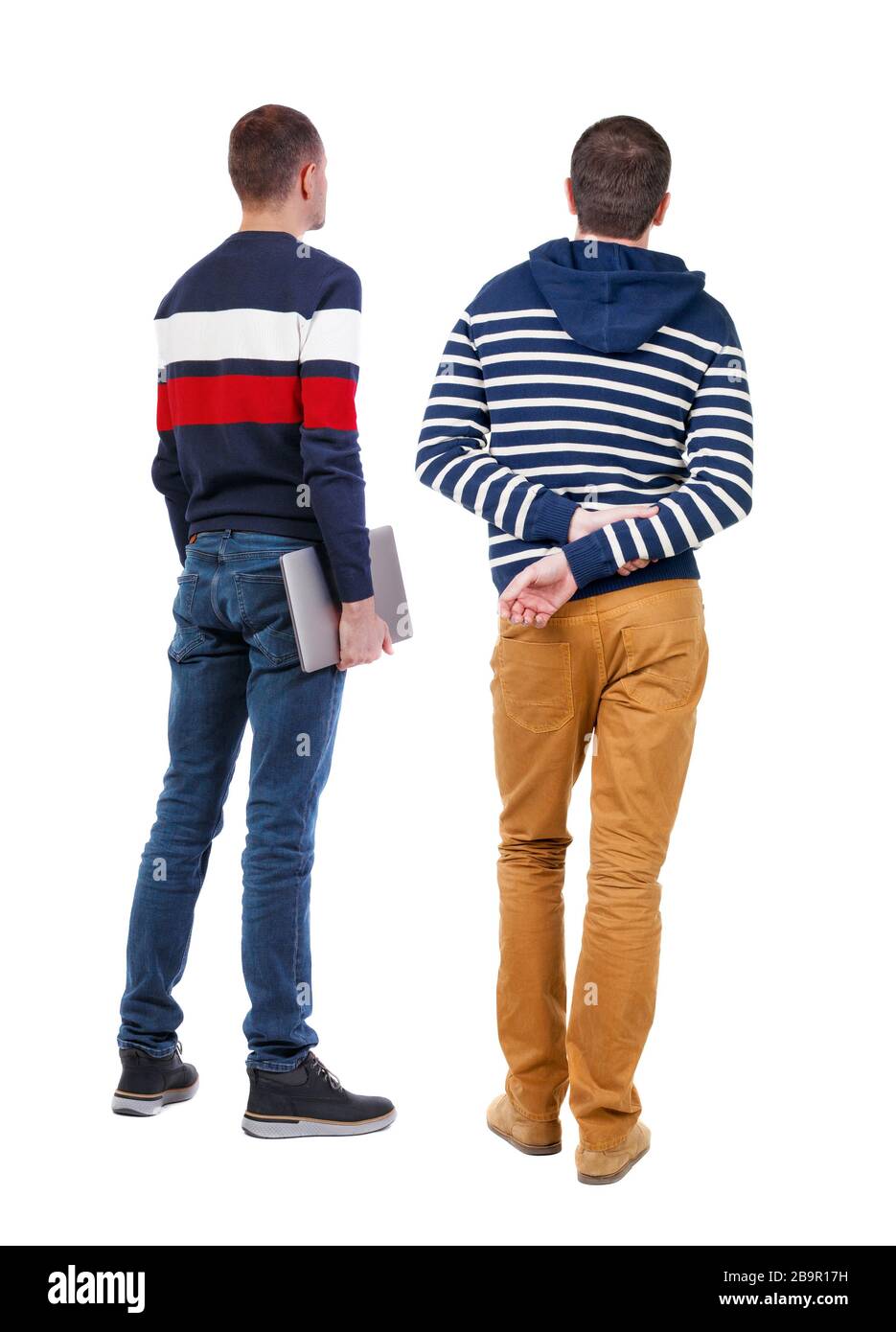 Back view two man in sweater with laptop. Rear view people collection ...