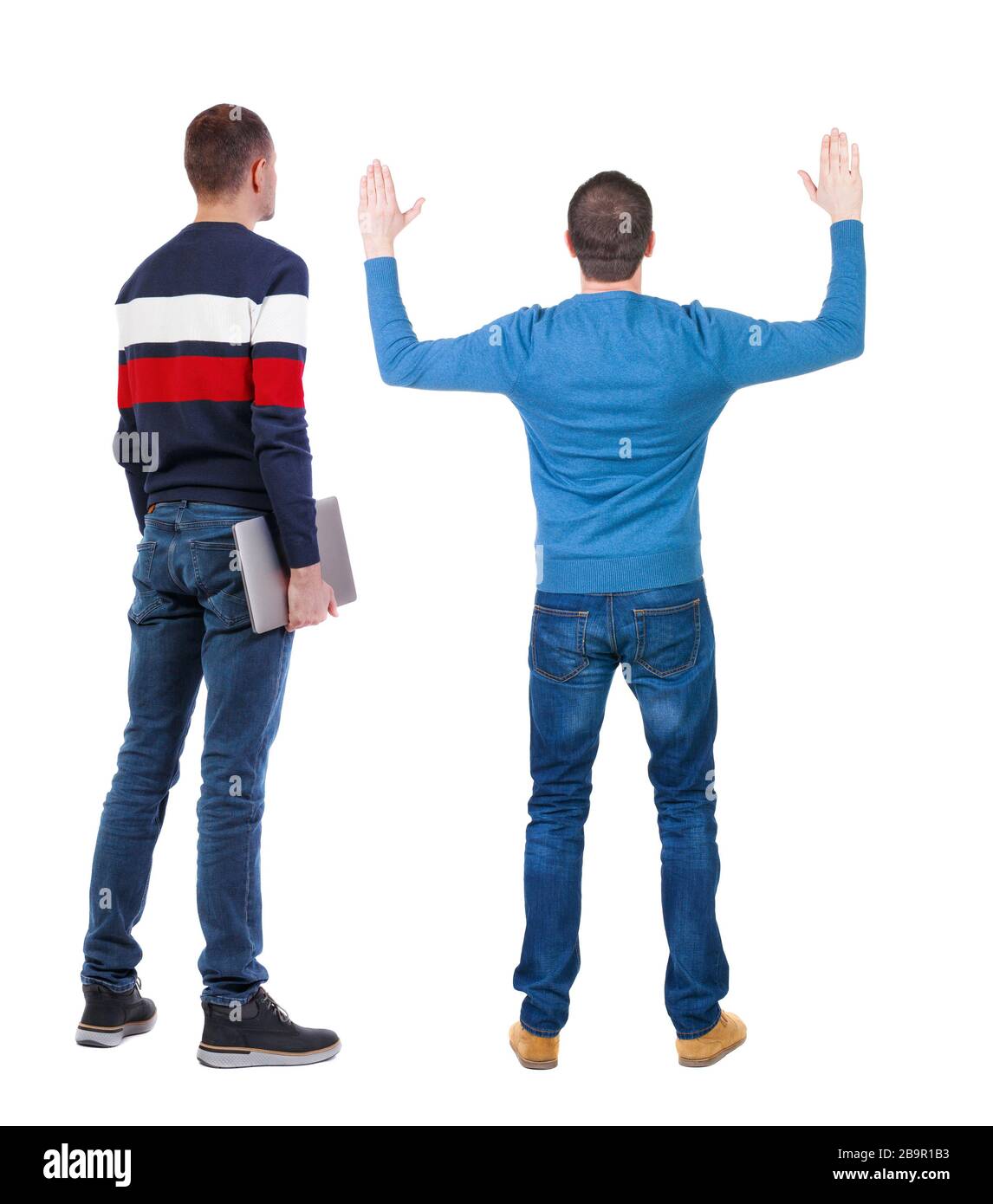 Back view two man in sweater with laptop. Rear view people collection ...