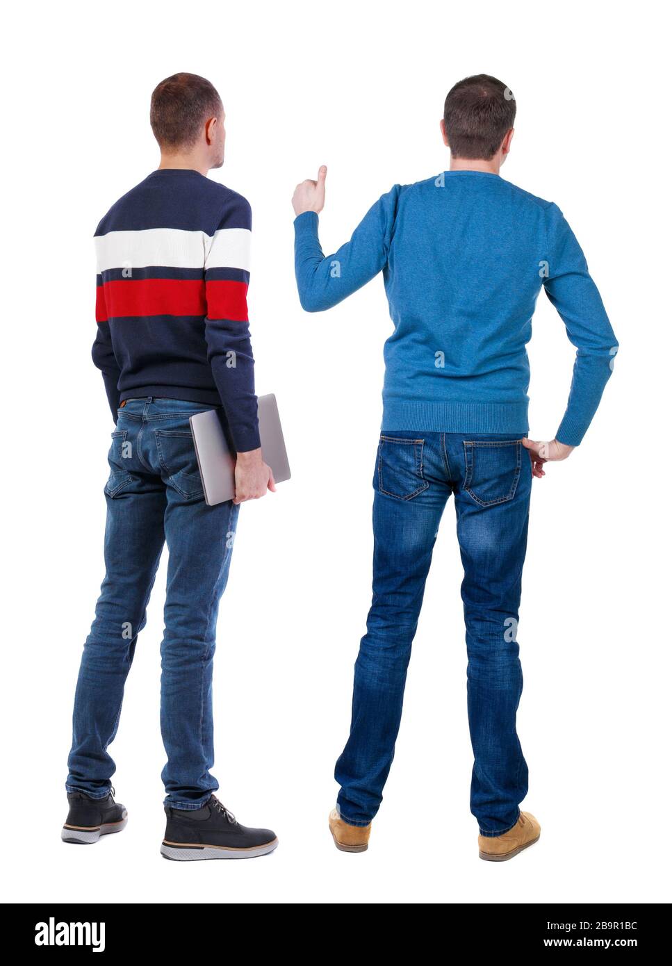 Back view two man in sweater with laptop. Rear view people collection ...